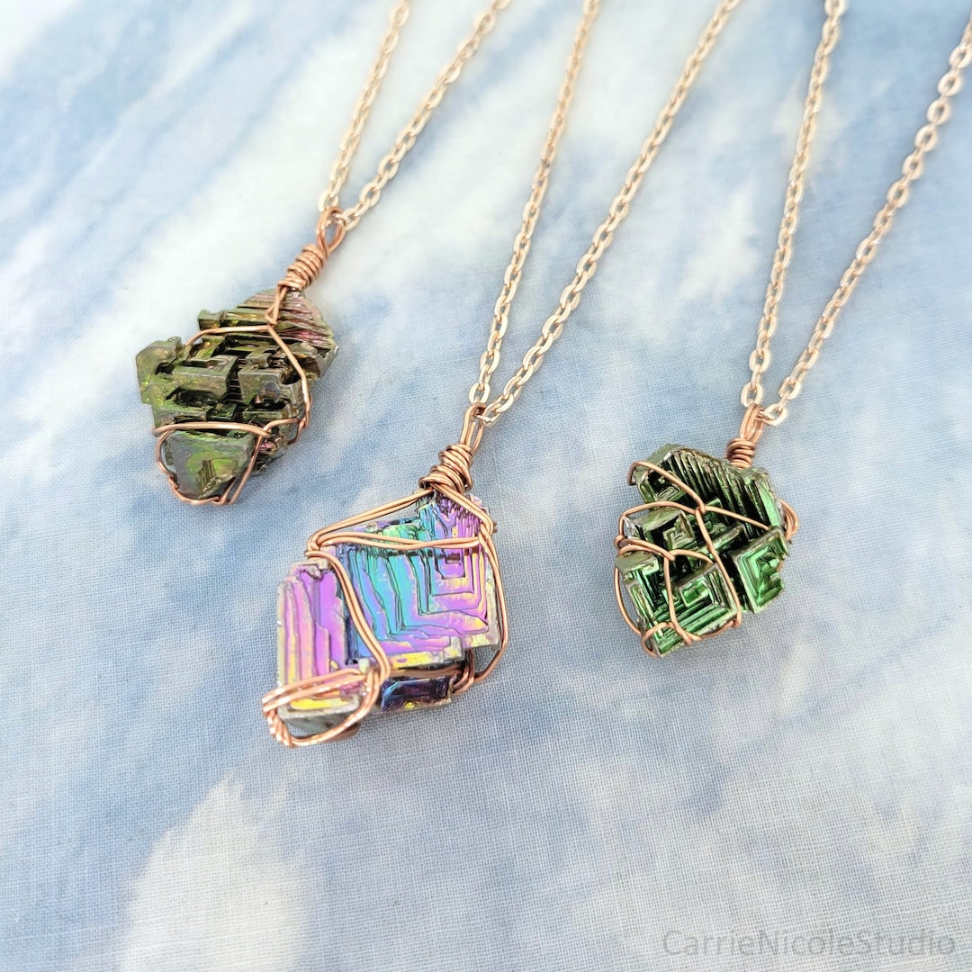 Rainbow Bismuth Crystal Necklace: Rose Gold Wire Wrapped Boho Pendant ...