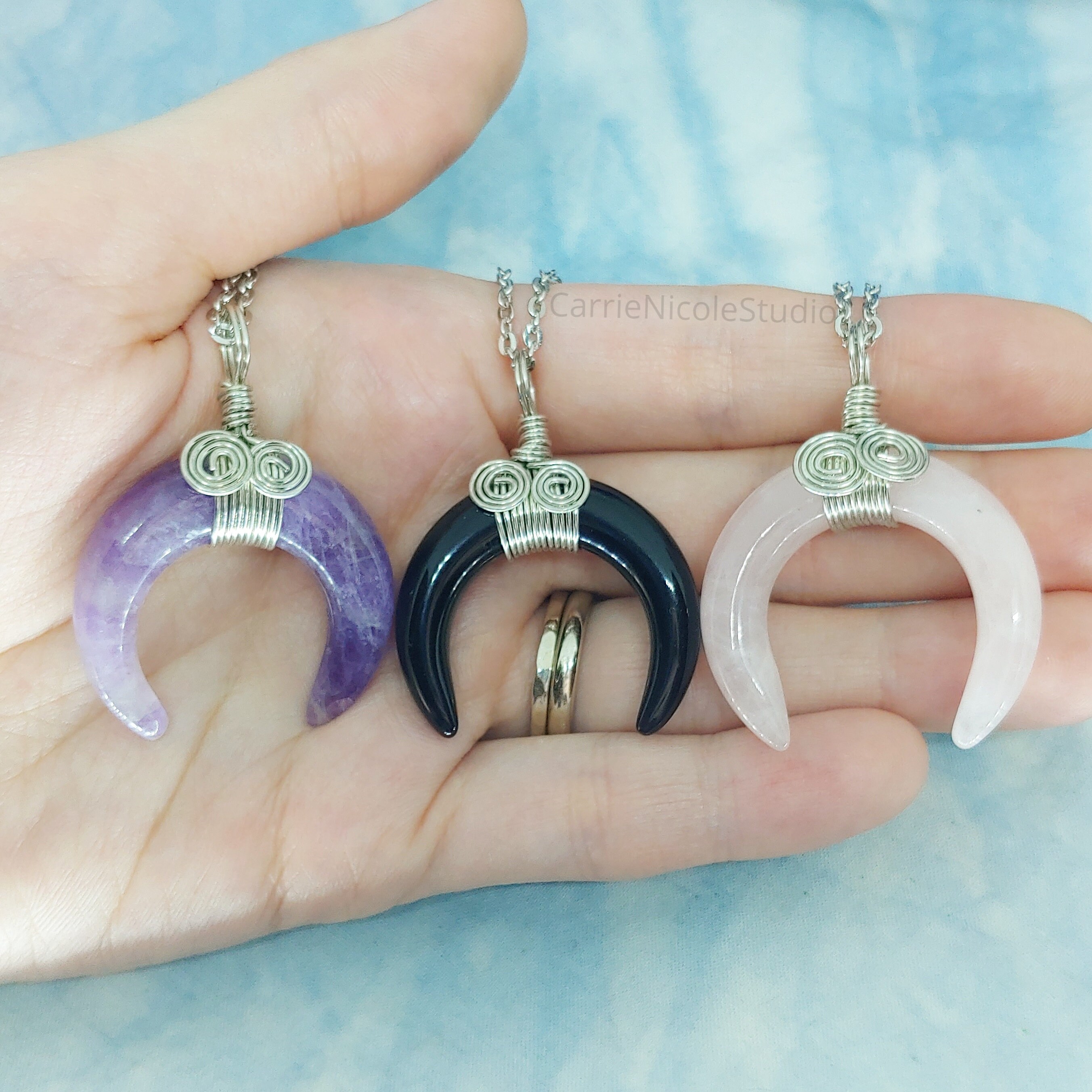 Crescent Moon Horn Crystal Stainless Steel Wire Wrapped | Etsy