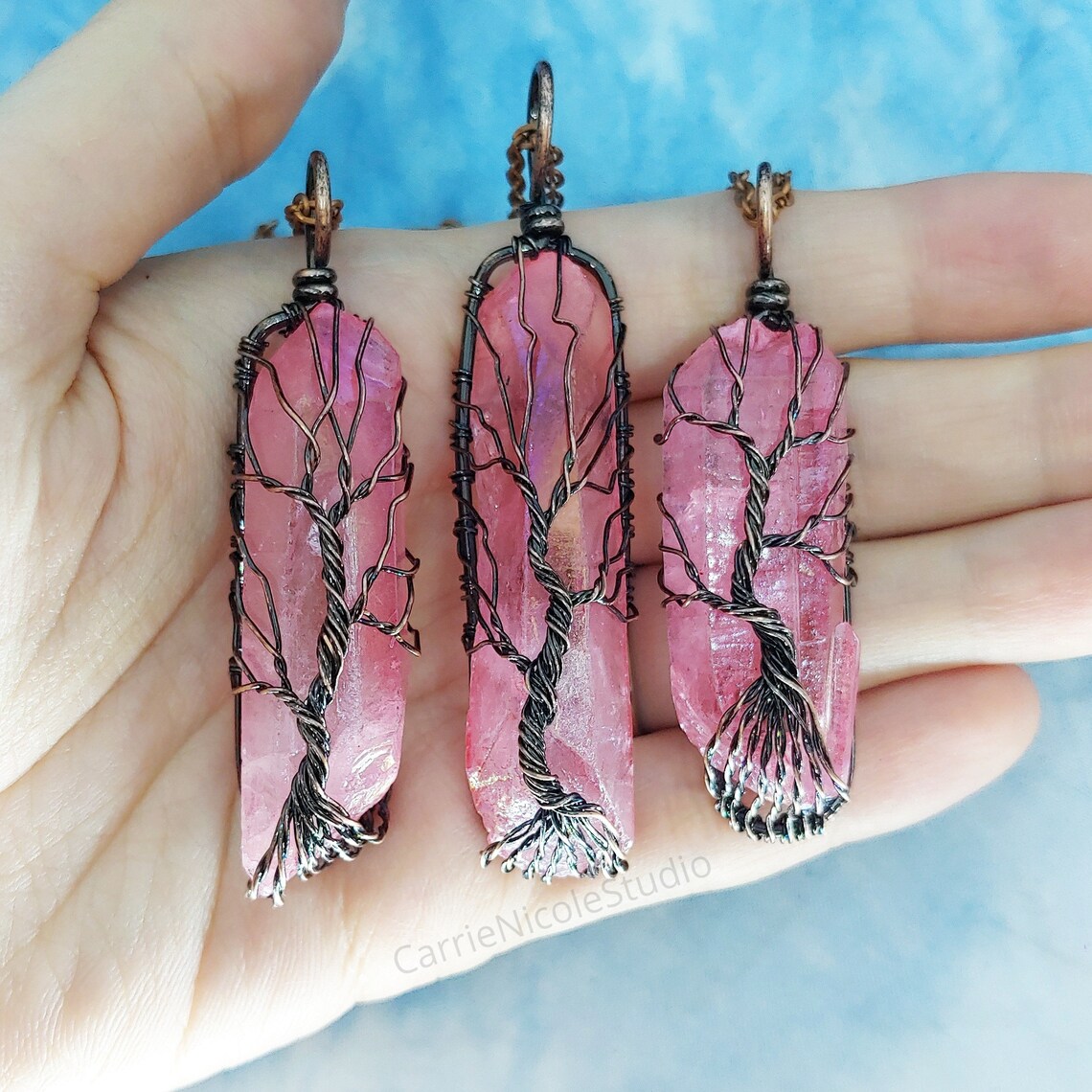 Rose Aura Quartz Tree of Life Necklace / Rainbow Quartz | Etsy