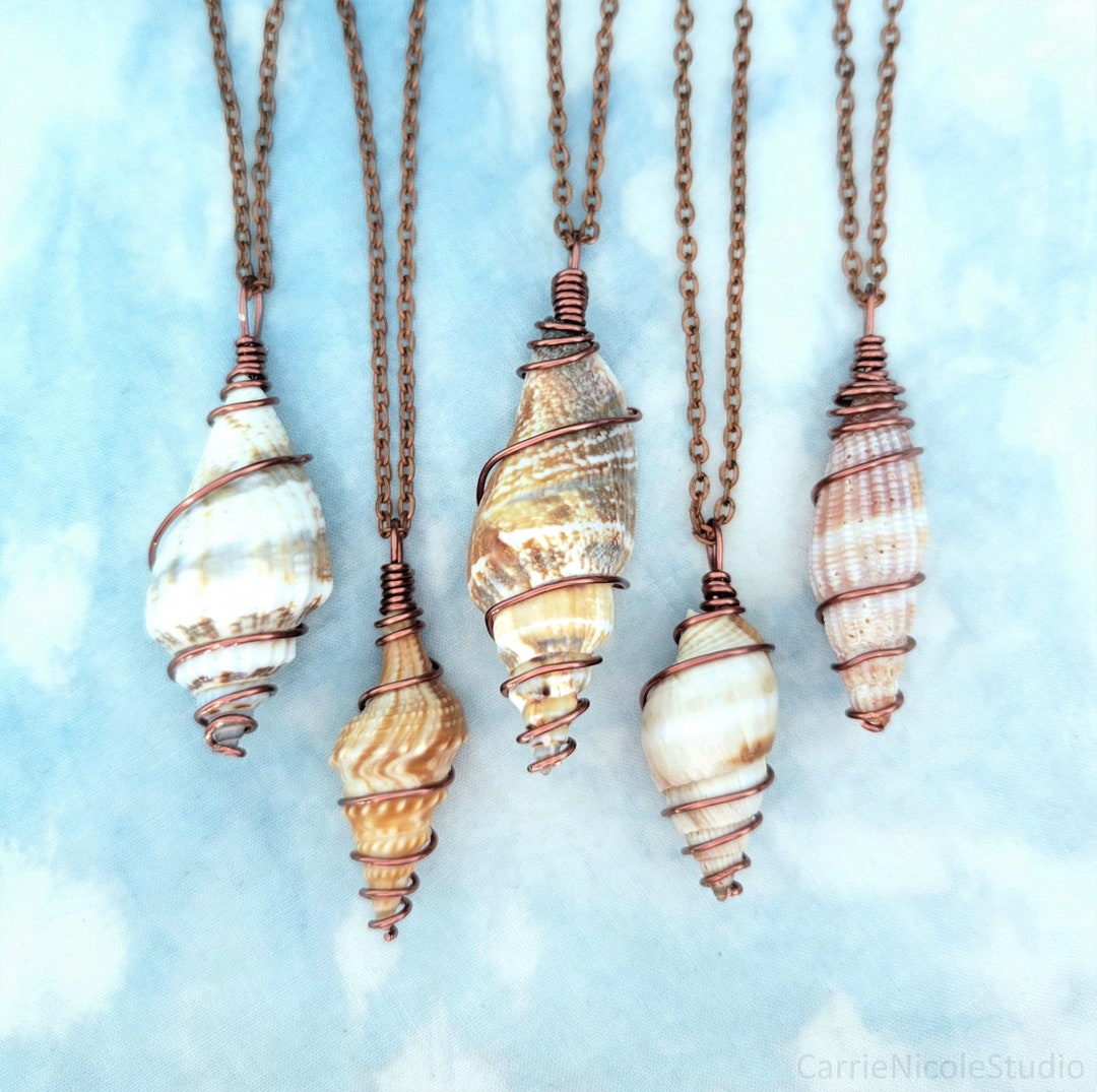 Copper Wire Wrapped Spiral Sea Shell Necklace - Nautical Ocean Jewelry ...
