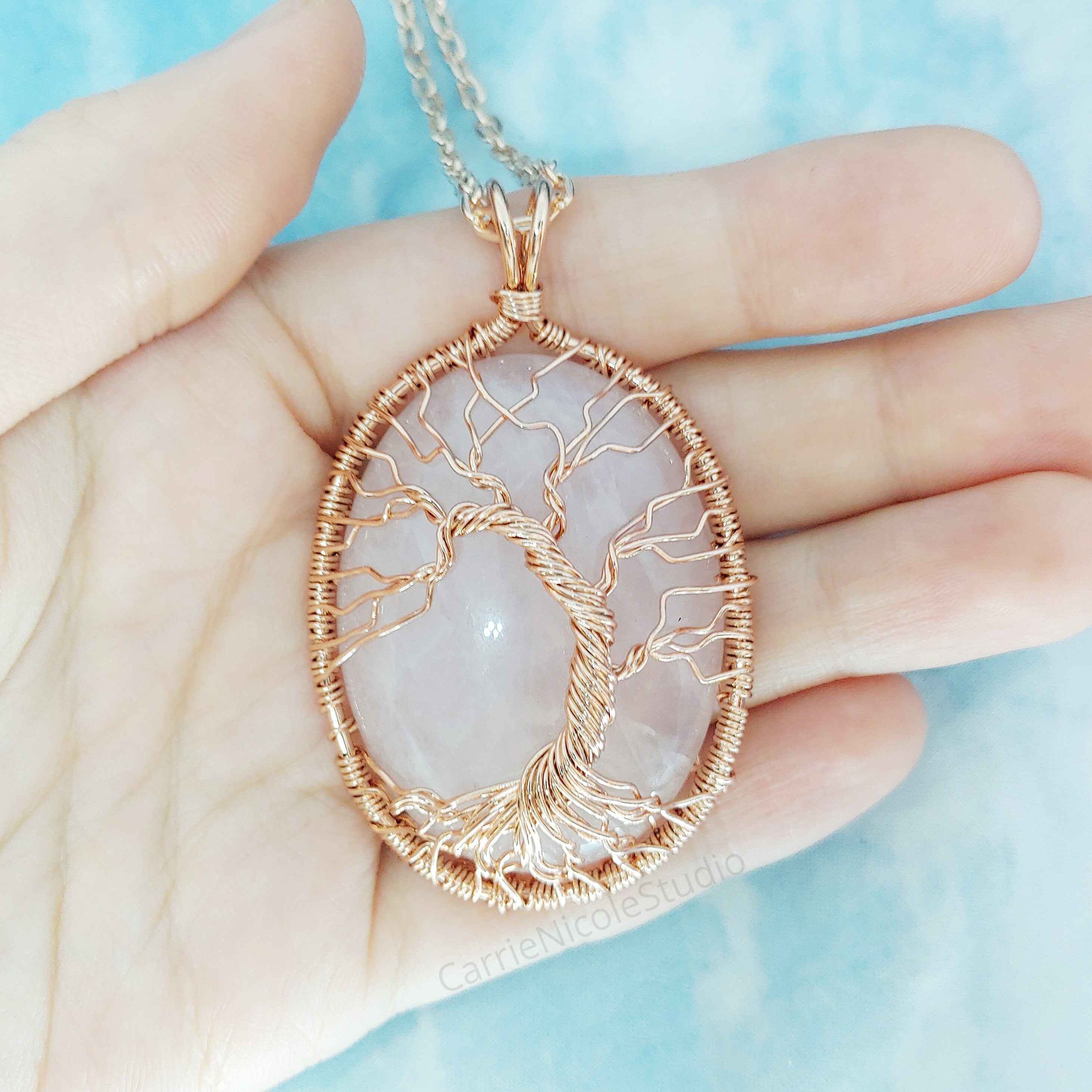 Rose Gold Tree of Life Rose Quartz Wire Wrapped Oval Pendant - Etsy