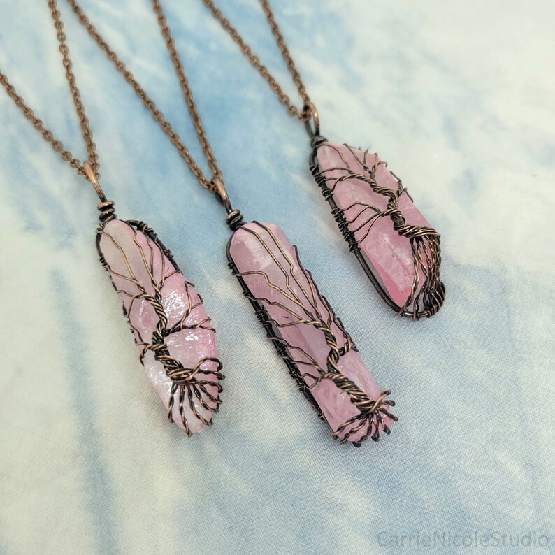 Cloudy Rose Aura Quartz Tree of Life Necklace Raw Crystal - Etsy