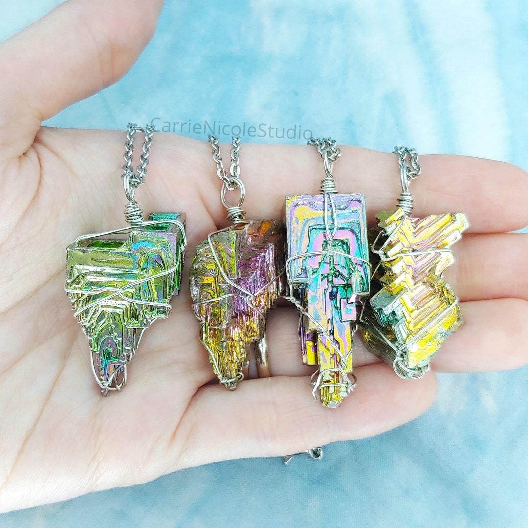Rainbow Bismuth Crystal Necklace: Stainless Steel Wire Wrapped Pendant ...