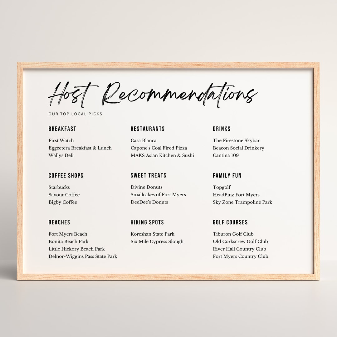 Host Recommendations for Airbnb Guests, Local Recommendations Template ...