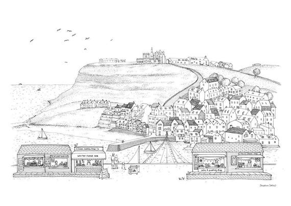 Whitby Illustration Print Black & White Drawing Yorkshire | Etsy UK
