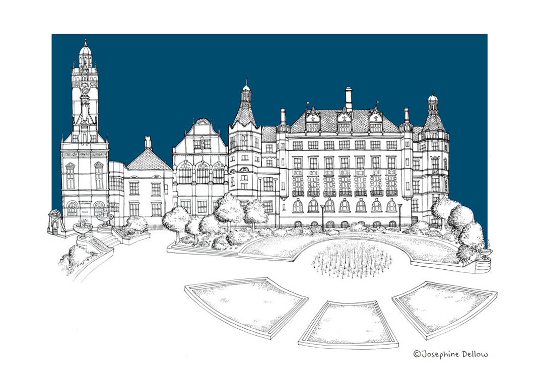Sheffield Town Hall A3 Print, Black and White Line Drawing Illustration ...