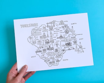 Yorkshire Map - A4 Illustration Print - Black and White Coast ...