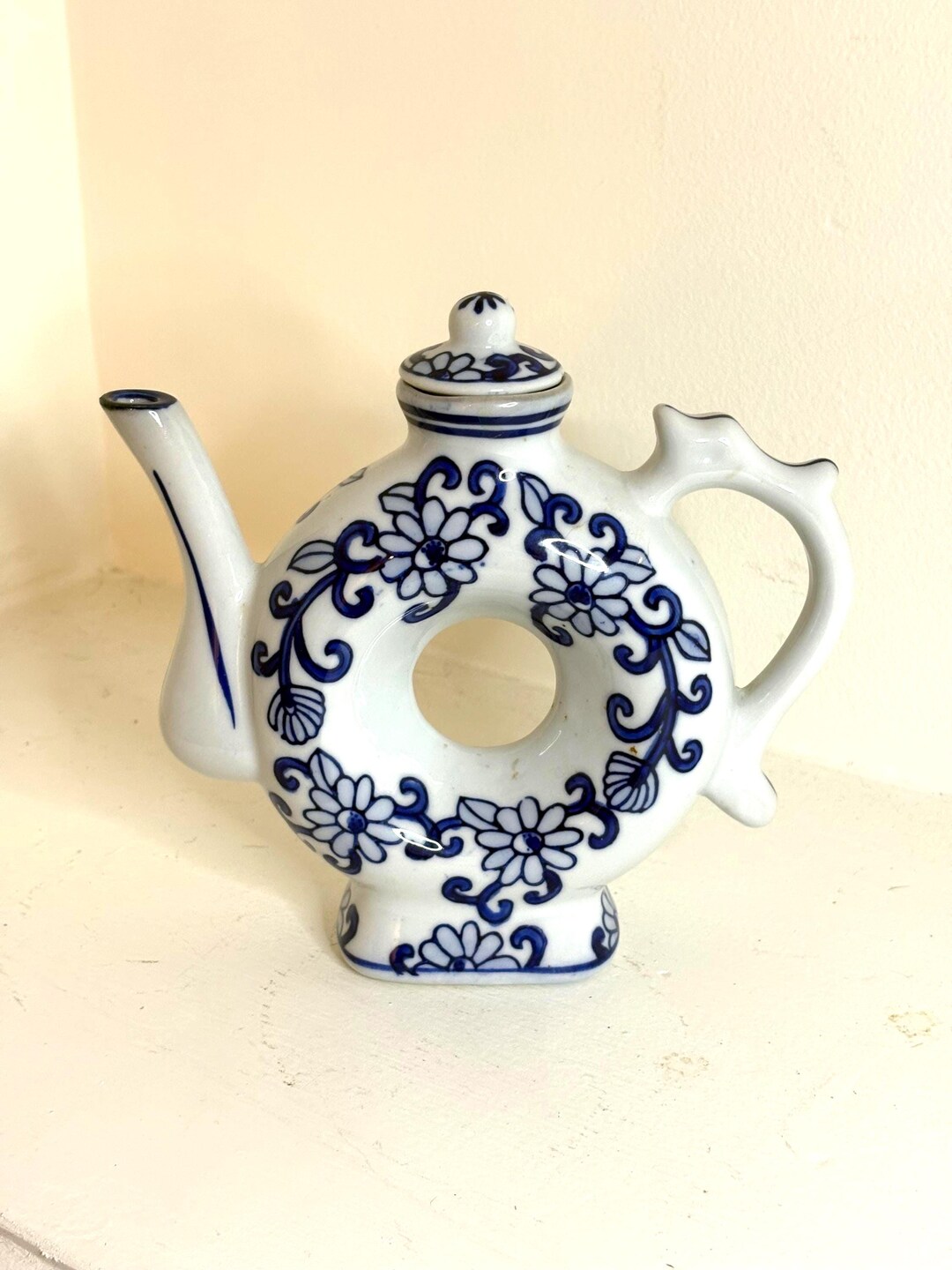 Vintage Blue & White Donut-shaped Teapot – Unique Circular Ceramic ...