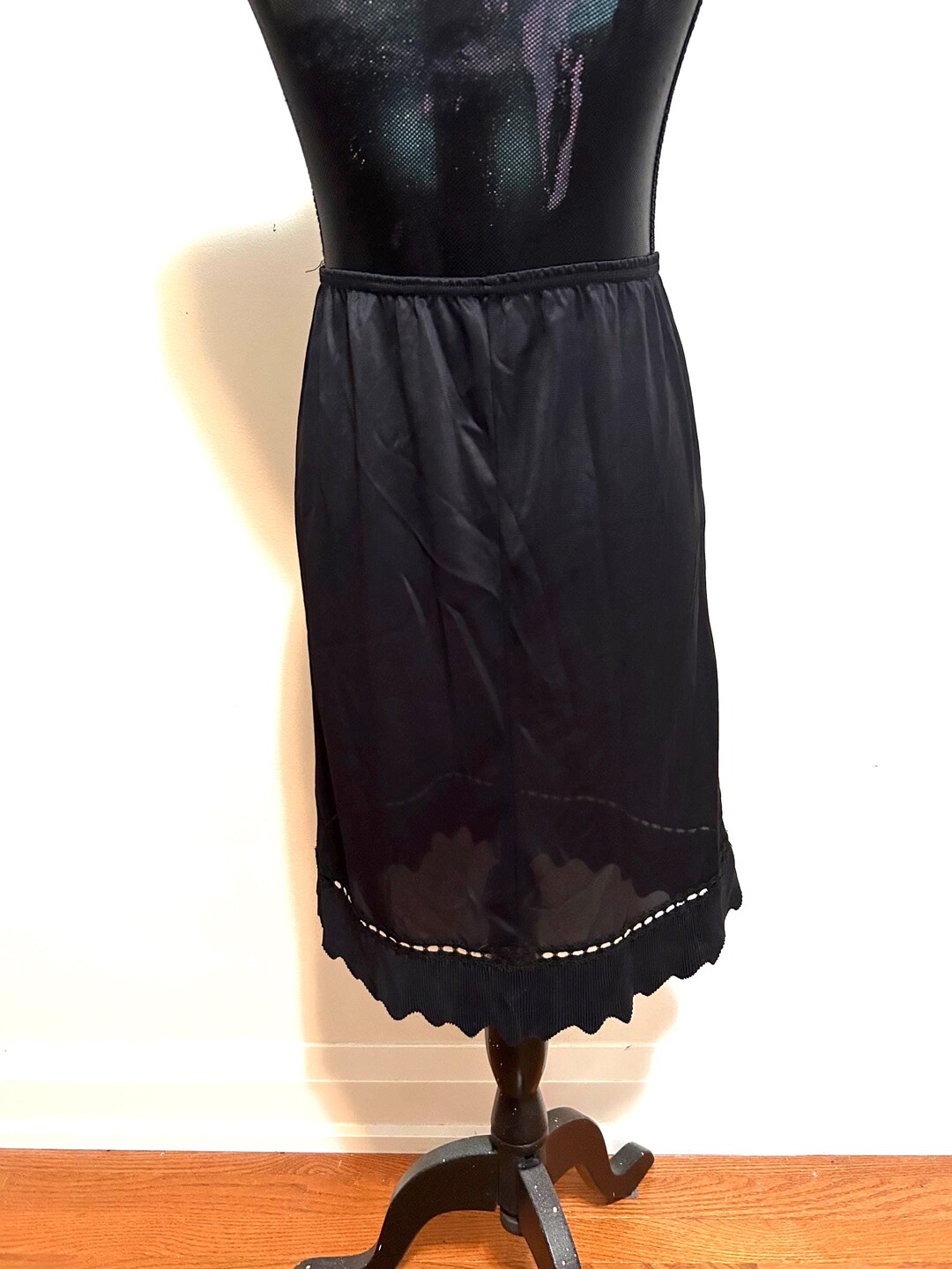 Vintage Black Nylon Half Slip: Lace Appliqué & Pleated Hem, Women's ...