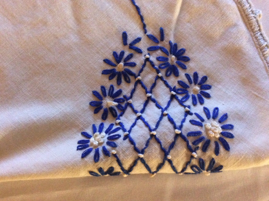 Vintage Hand Embroidered Blue Stitch Tablecloth and Doilies - Etsy