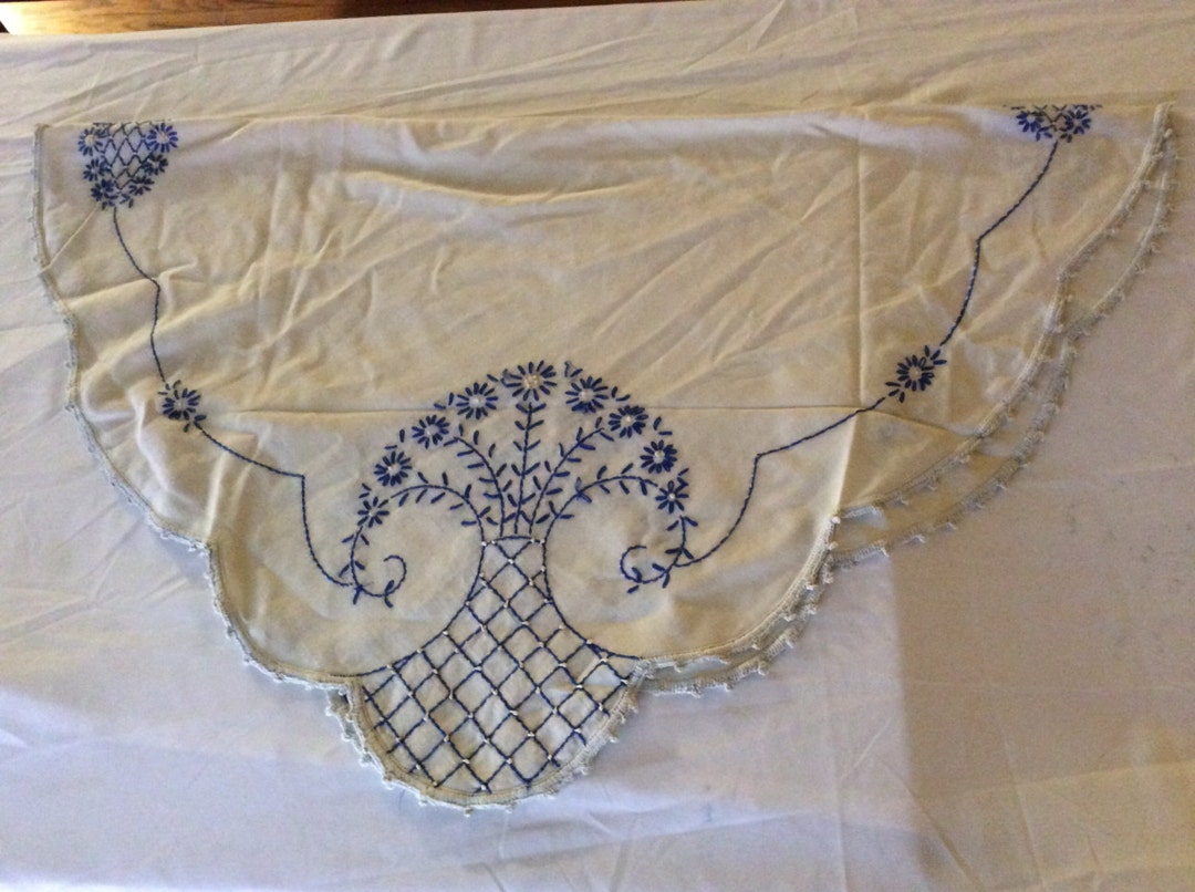 Vintage Hand Embroidered Blue Stitch Tablecloth and Doilies - Etsy