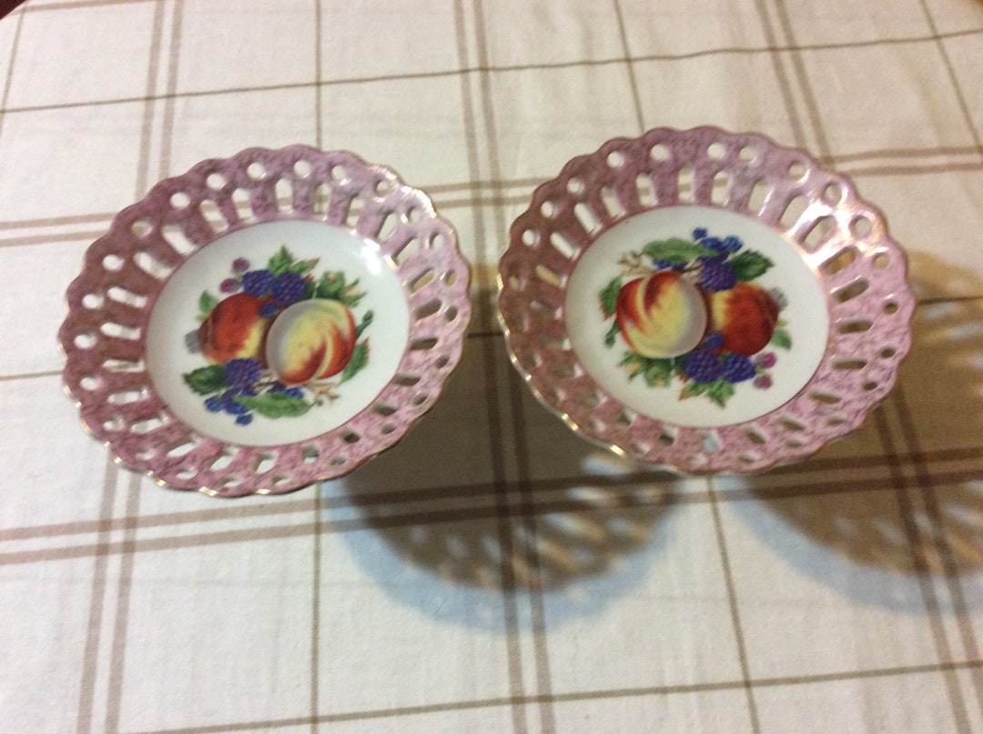 Vintage Betson Japan Romantic Pink/gold Dish With Hand Painted Fruit ...