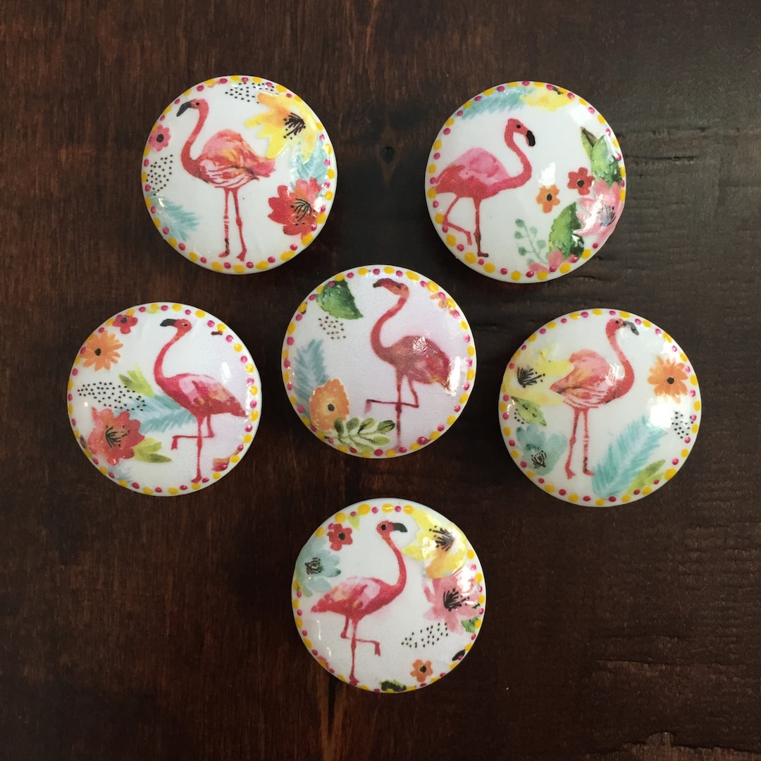 SET OF SIX,1.5 Inch,pink Flamingo,cabinet Knobs,drawer Pulls,white Knob,orange,yellow,flamingos ...