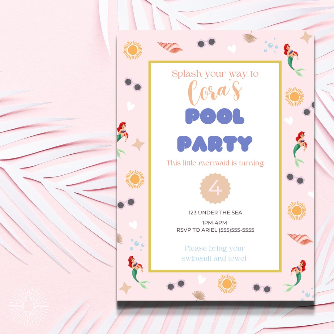 Little Mermaid Pool Party Invitation, Mermaid Party, Girl, Under the ...