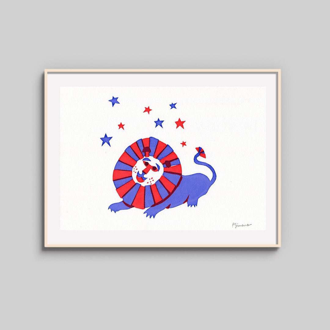 Lion & Stars Original Screenprint. Red and Blue Lion. - Etsy