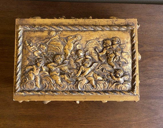 Large Vintage Carved Wood Cherub Hinged Box, Antique … - Gem