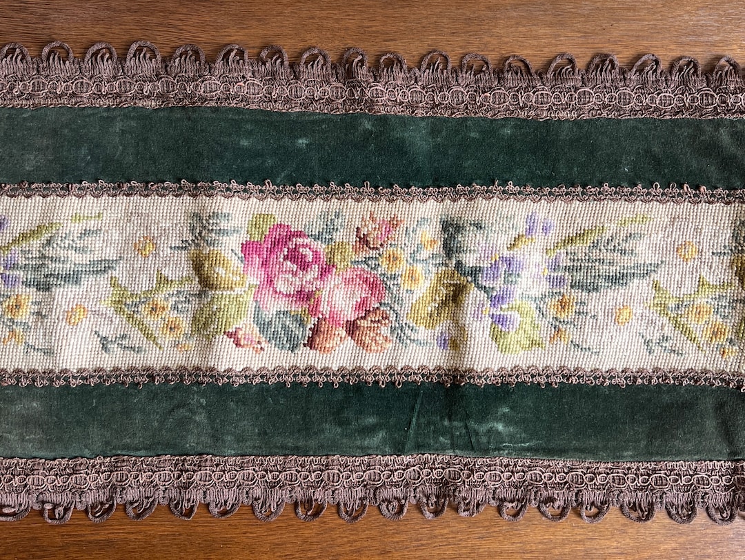 Antique Rectangle Needlepoint and Velvet Table Runner With Metallic ...