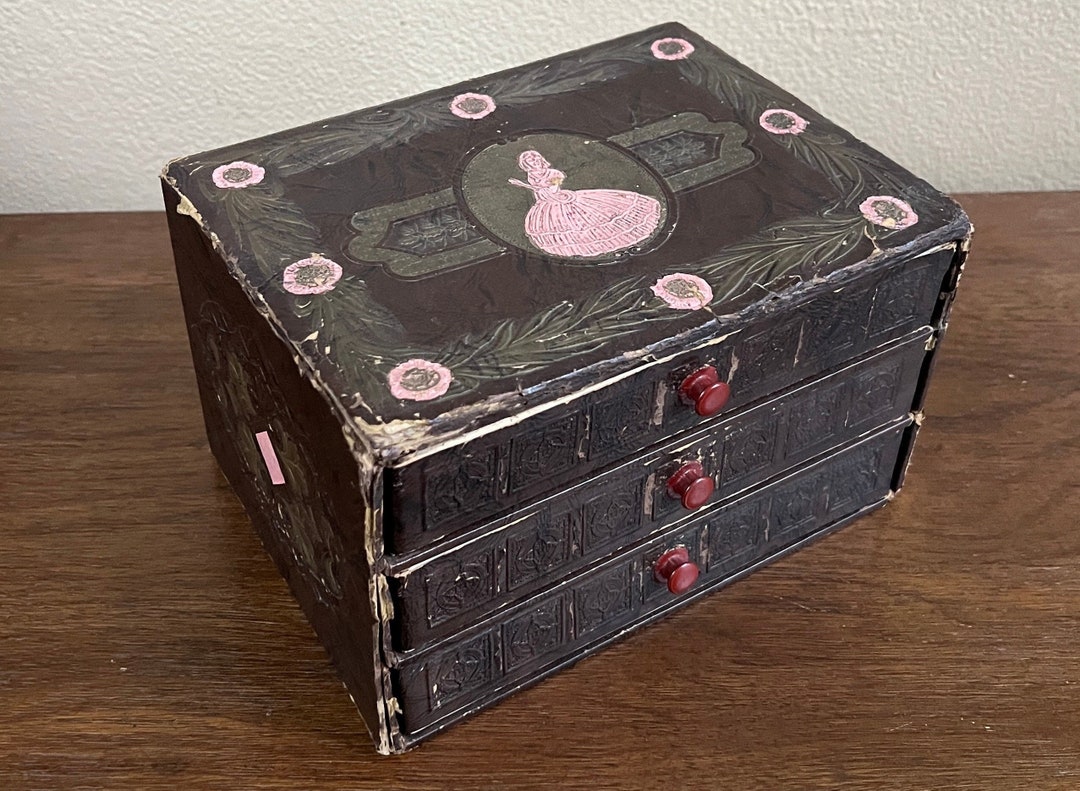 Vintage Cardboard Jewelry Box With 3 Drawers, Vintage Jewelry Box ...