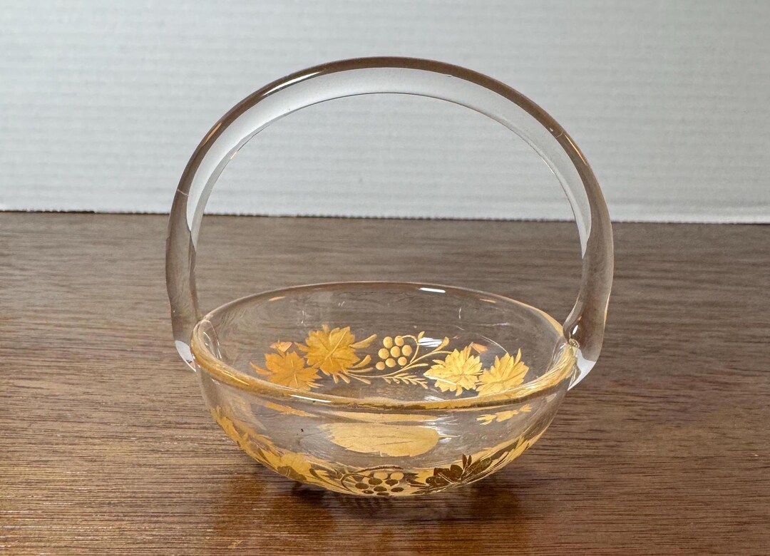 Vintage Cut and Blowen Glass Basket With Gilt Gold Flower Leaf and ...