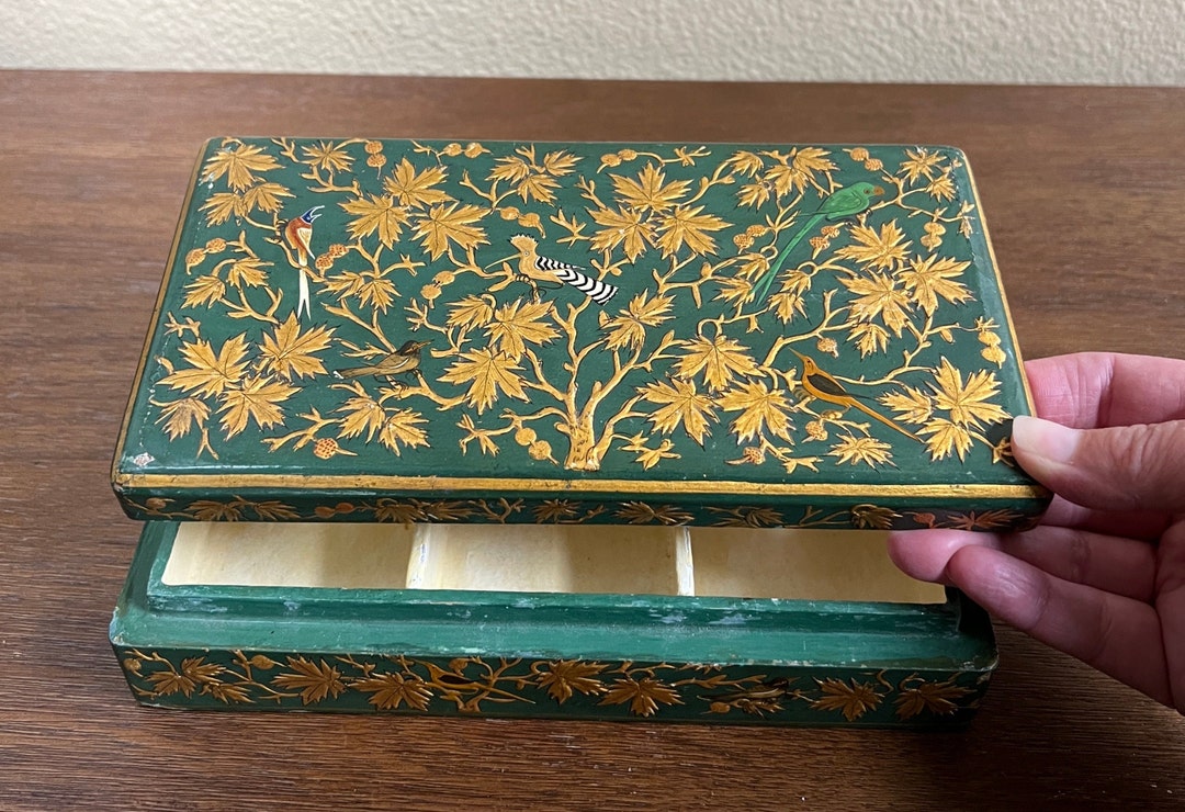 Vintage Wood Enamel Trinket Box Green Box With Birds, Decorative Bird ...