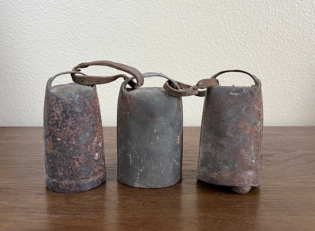 3 Vintage Metal Cow Bell With Leather Strap, Antique Bell, Bell, Old ...