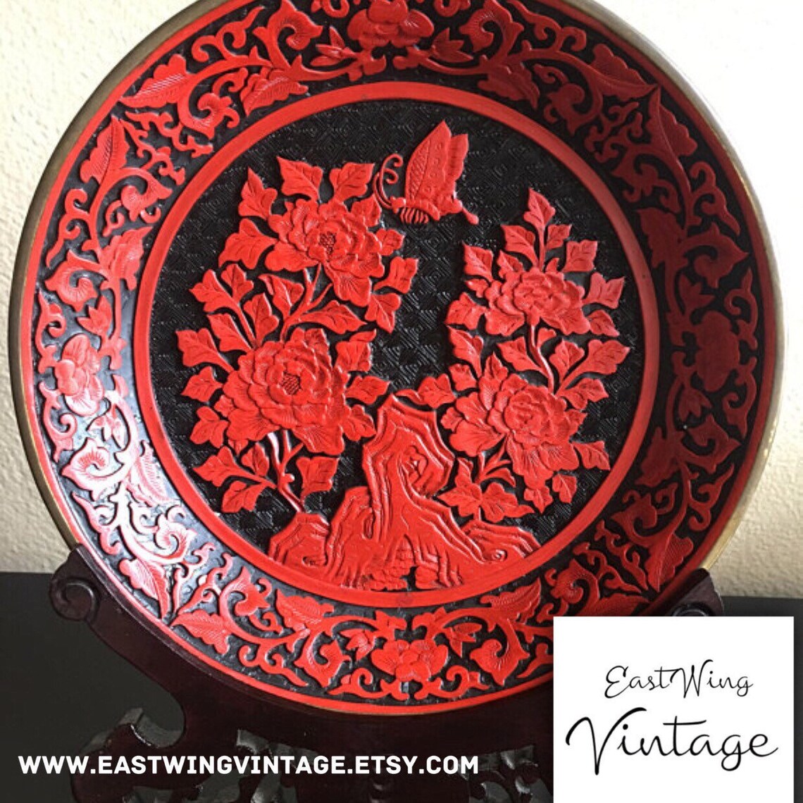 Antique Black and Red Cinnabar Plate With Wooden Stand - Etsy