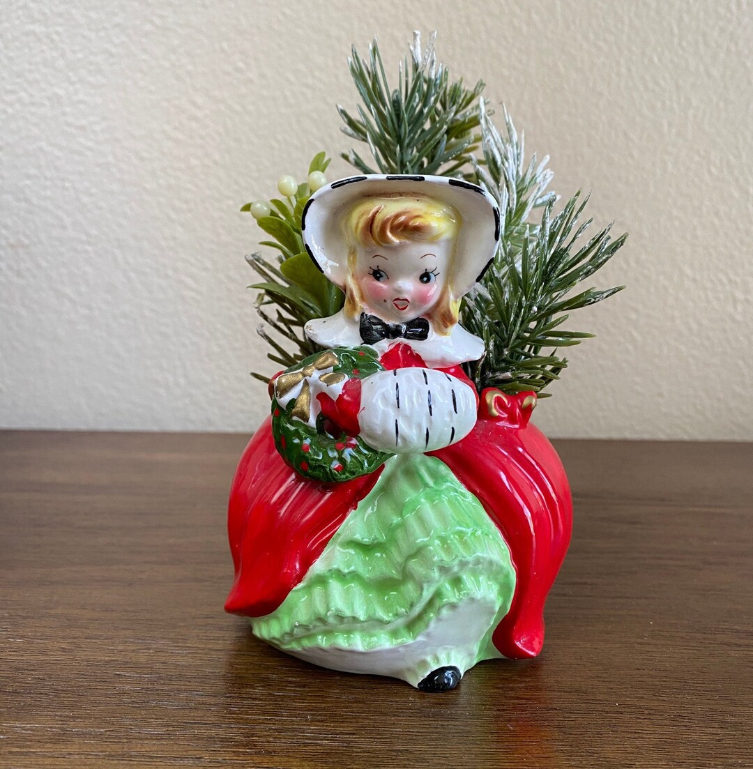 Vintage HTF Christmas Planter Vase Girl in Red Dress Bonnet Muff Japan ...