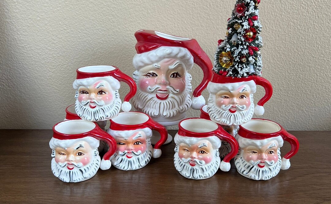 Vintage Napco Santa Pitcher 8 Mug Set, Vintage Christmas, Vintage Santa ...