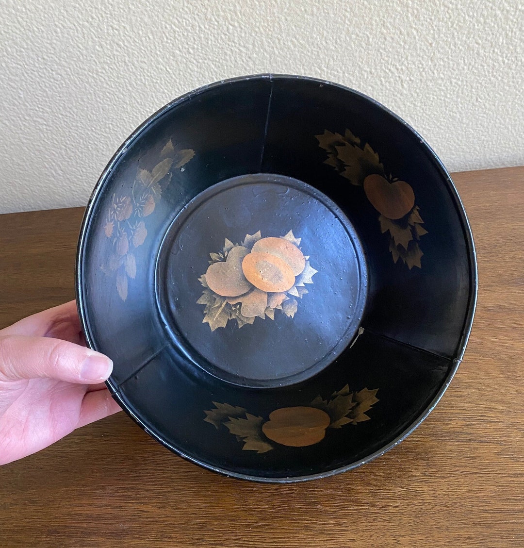 Expires May 15th Vintage Black Metal Tole Bowl Hand Painted Gold Peach ...