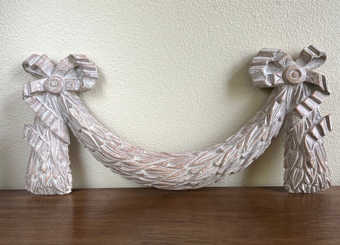 Vintage Carved Solid Wood Swag Bow Decorative Plaque, Swag Decoration ...