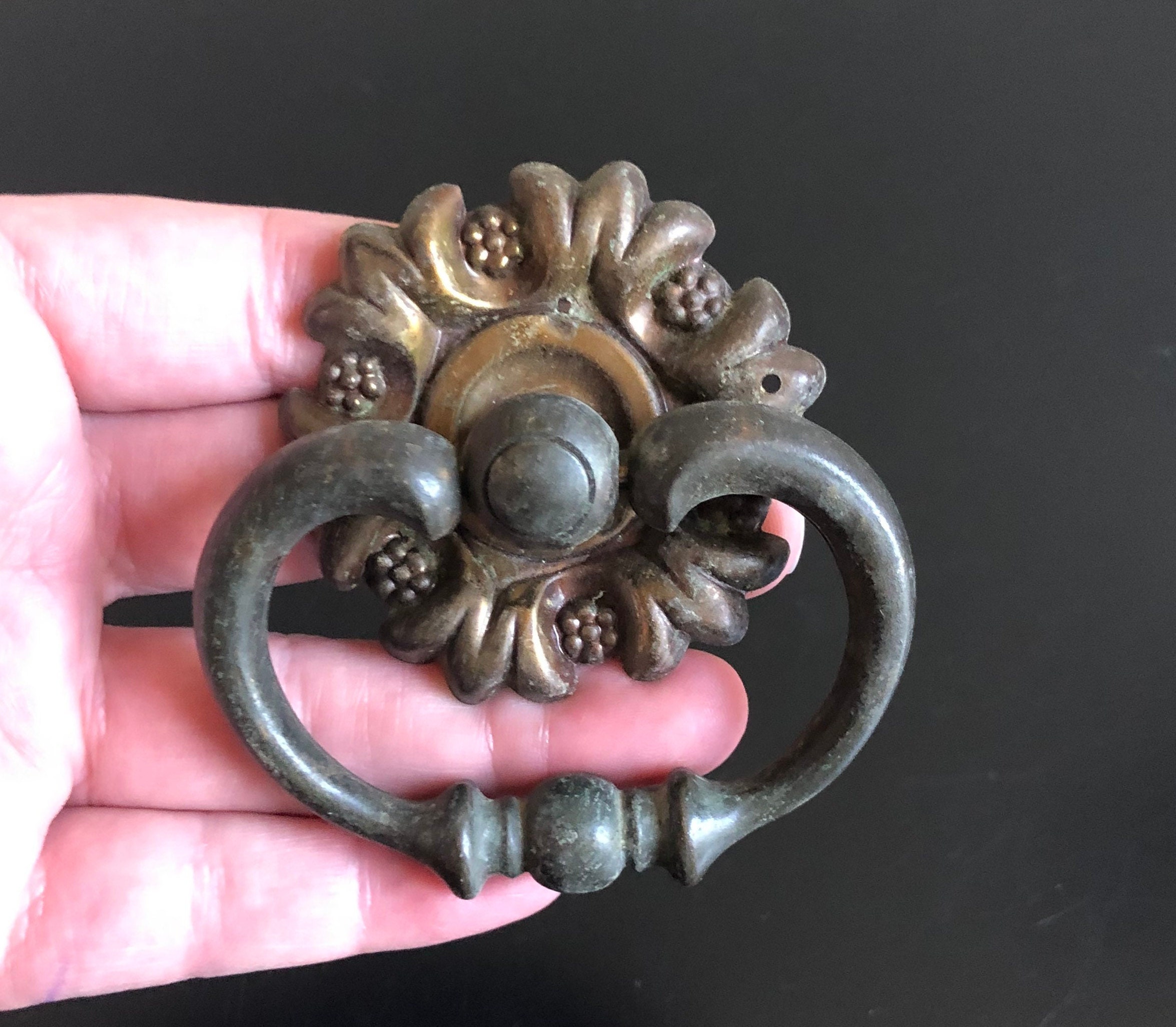 Vintage Brass Drop Loop Pull With Backplates Vintage Drawer - Etsy