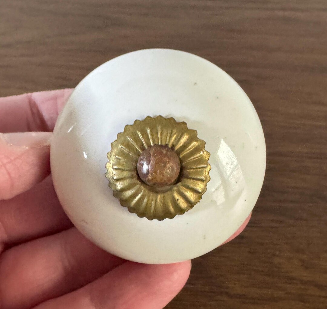 Vintage 1 7/8" White Porcelain Pull Knobs, Brass and White Porcelain Drawer Knob, Cabinet Knob ...