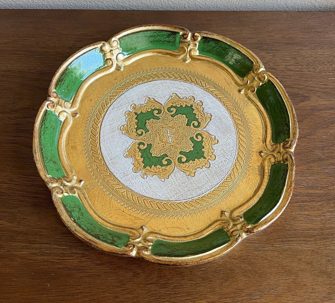 NOS Vintage Italian Green and Gold Florentine Wooden Tray, Decorative ...