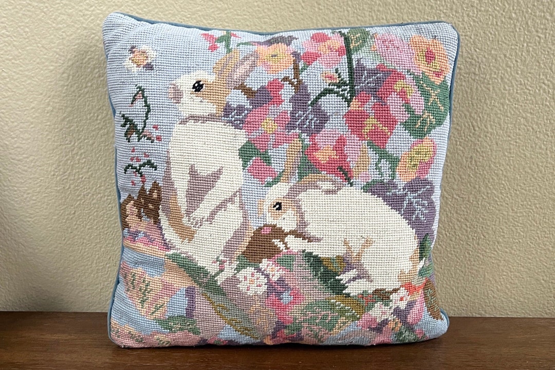 Vintage Needlepoint Bunny Rabbit Throw Pillow, Rabbit Pillow, Easter ...