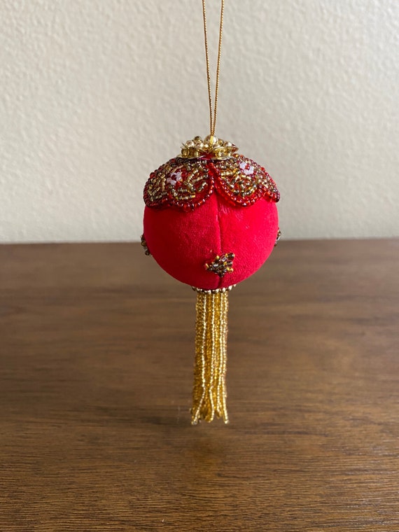 Vintage Flocked Red Ball and Bead Ornament Vintage Red Ball | Etsy