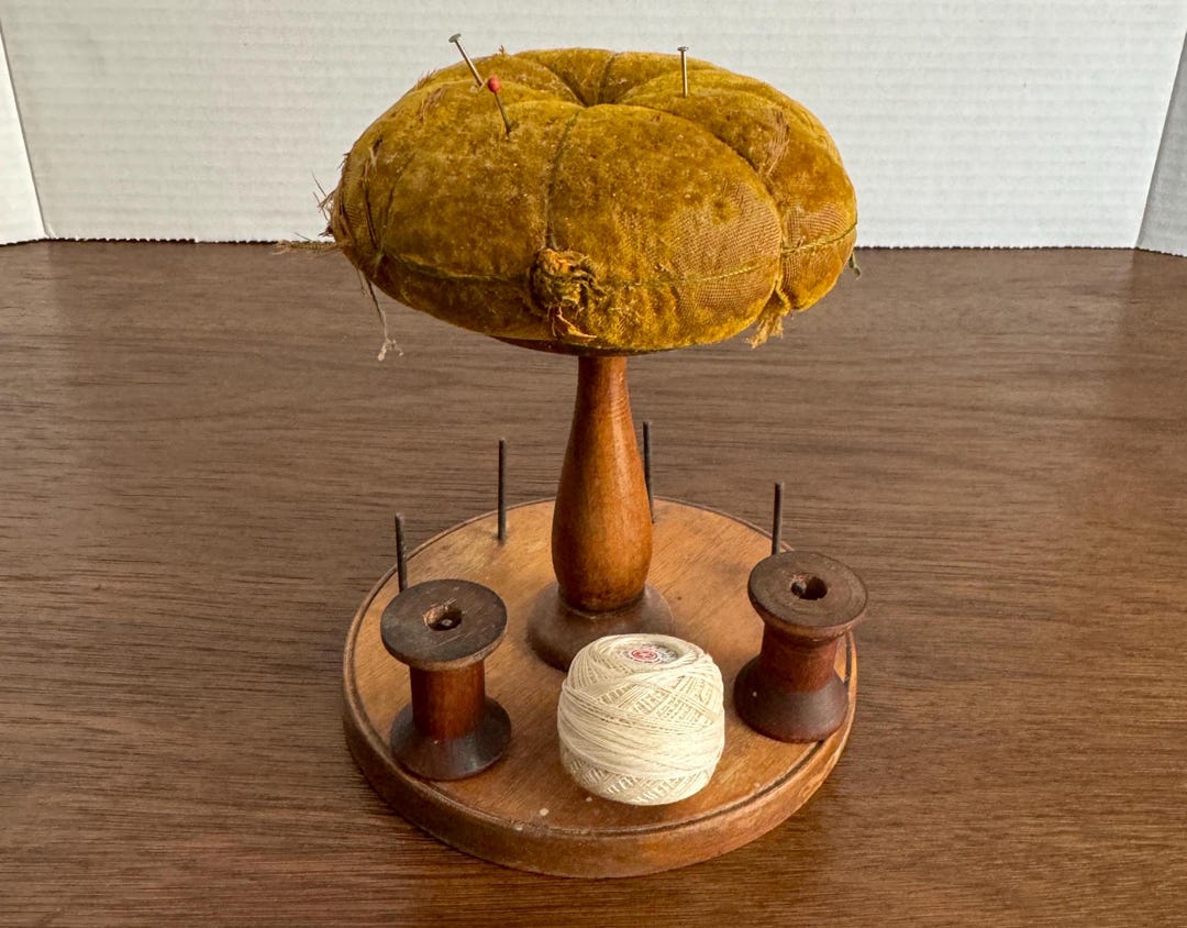 Antique Sewing Pin Cushion on Stand, Vintage Wood Thread Spool Stand ...