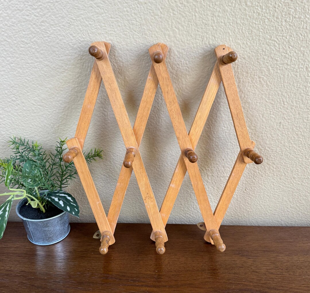 Large Vintage Wooden 10 Peg Rack, Accordion Wood 10 Peg Hanging Rack ...