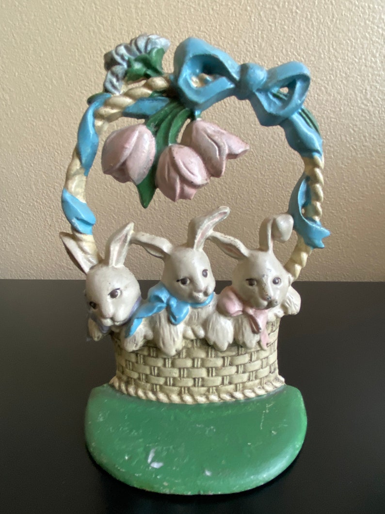 Vintage Cast Iron Doorstop Bunny Rabbits in Basket Doorstop | Etsy