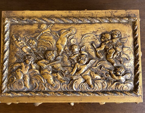 Large Vintage Carved Wood Cherub Hinged Box, Antique … - Gem