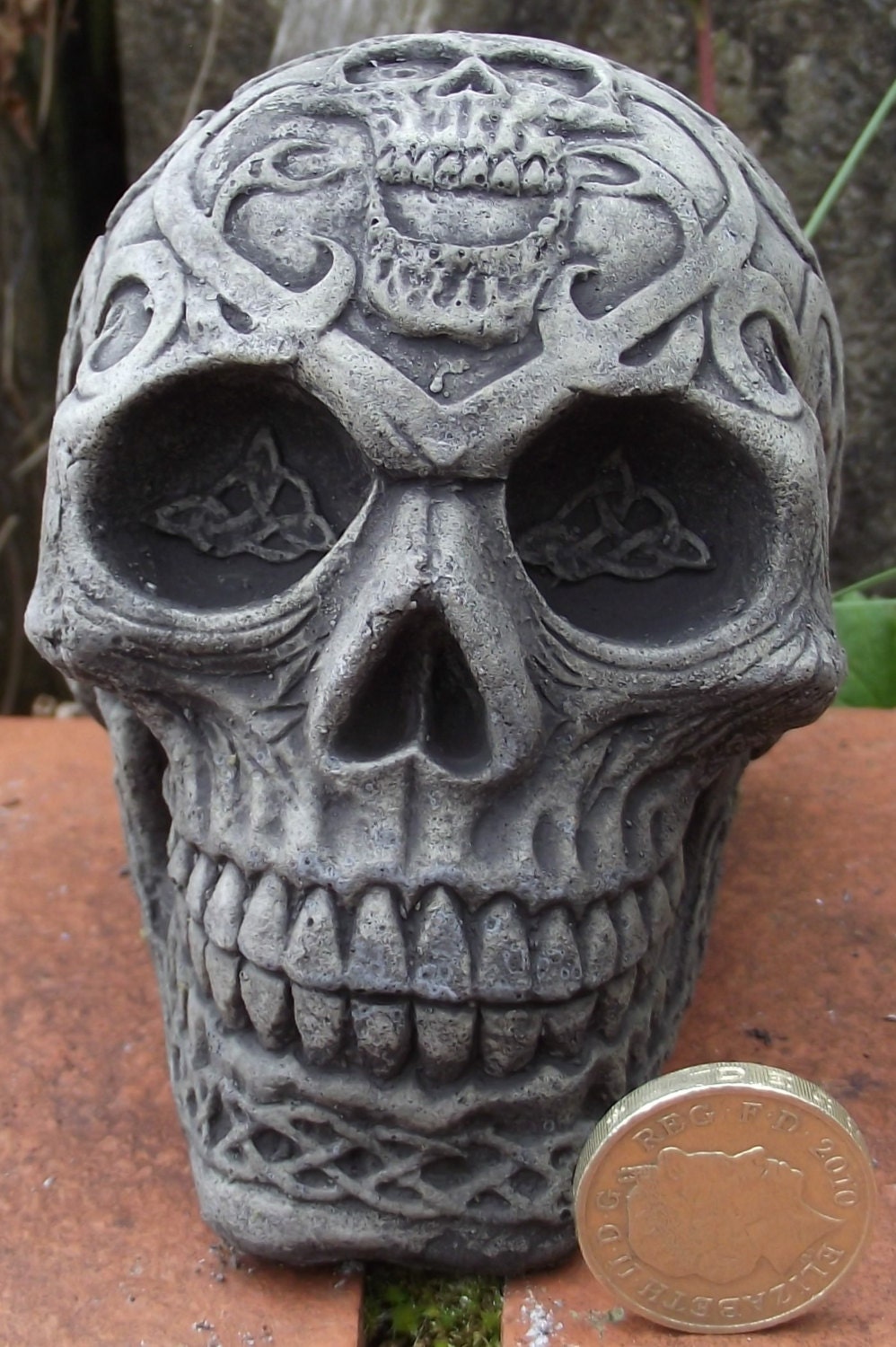 Small Decorated Skull Stone Garden Ornament Hand Cast | Etsy