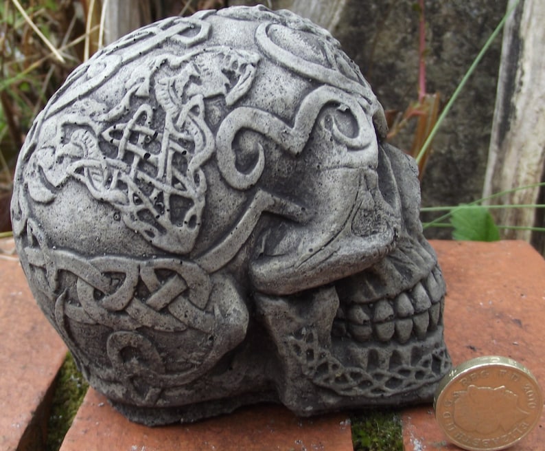 Small Decorated Skull Stone Garden Ornament Hand Cast - Etsy