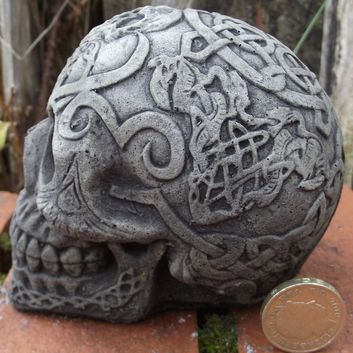 Small Decorated Skull Stone Garden Ornament Hand Cast | Etsy