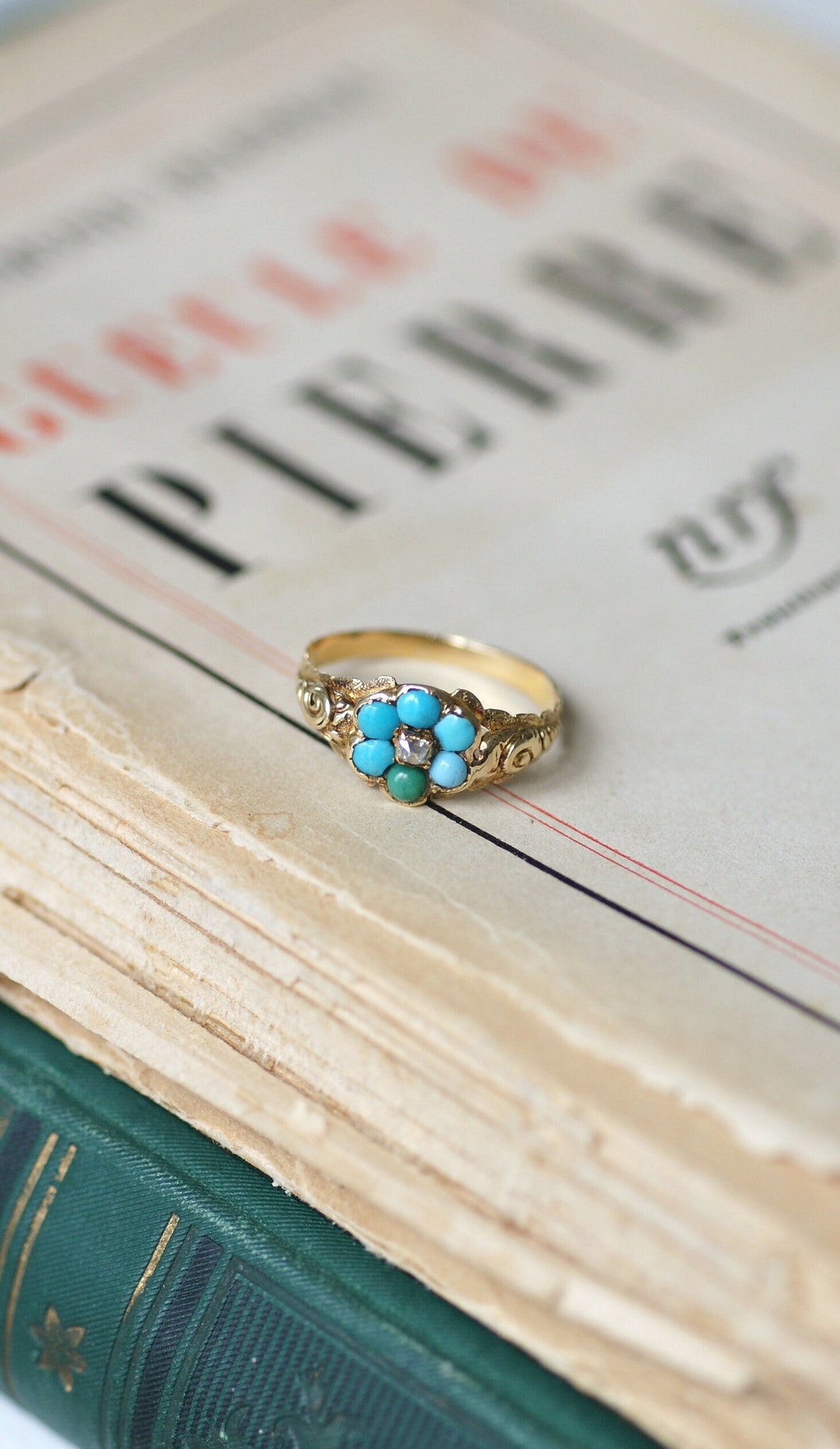 Antique Flower Ring With Turquoise and Diamonds in Yellow Gold - Etsy