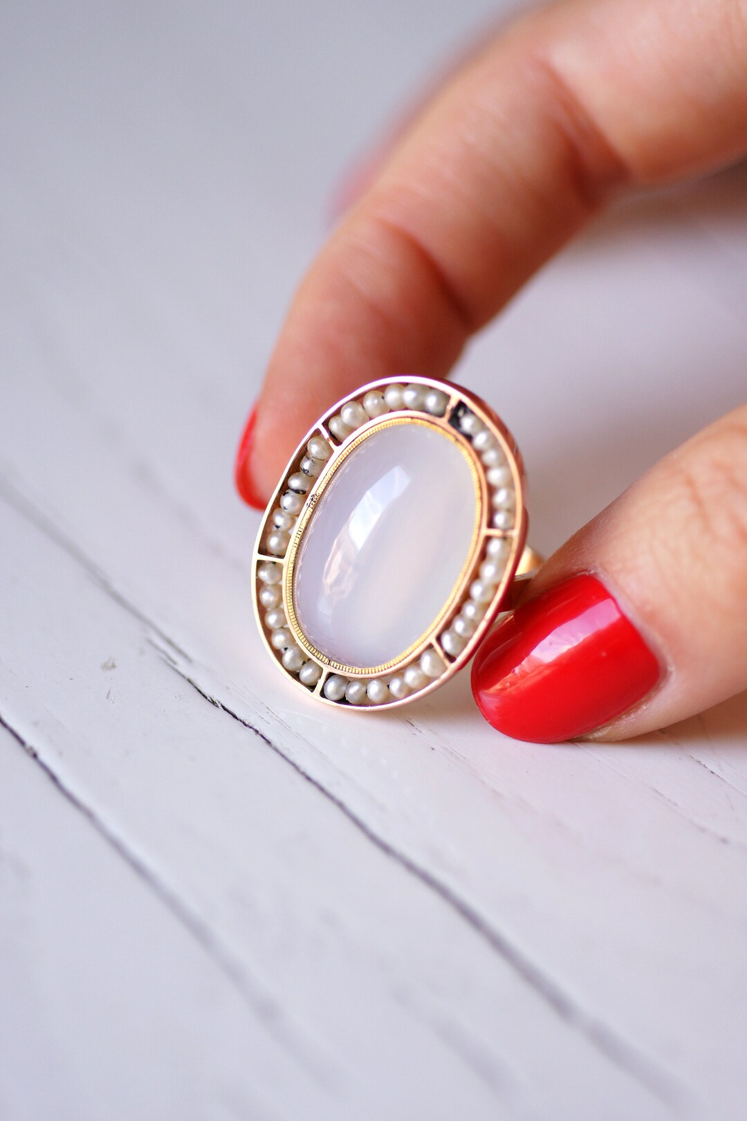 Antique Pink Gold Adularescent Blue Gray Chalcedony Ring Set With ...
