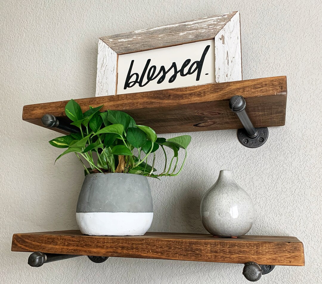 Rustic Wood Floating Shelf With Pipe Brackets, Custom Size - Etsy