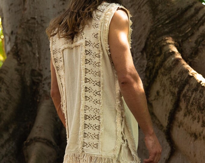 TAONGA Beige Cotton Vest With Pocket Block Printed Tribal Patterns ...