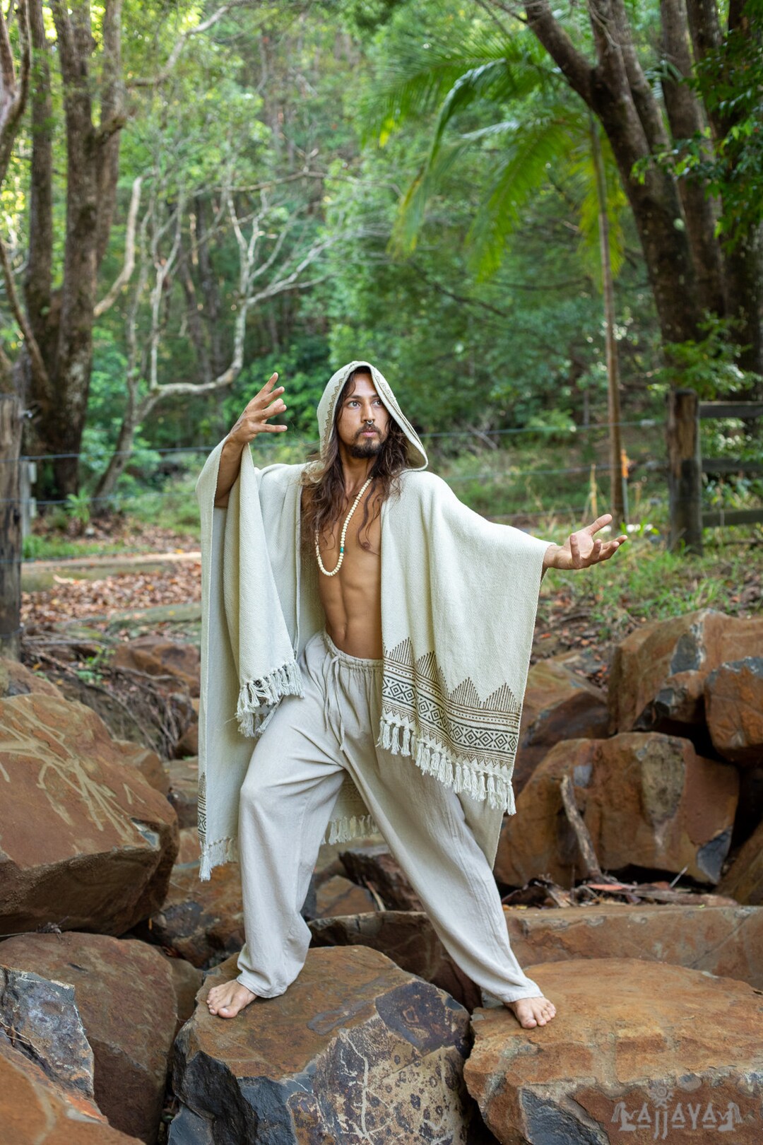 ANAGAMI Beige Cream Hooded Kimono Cape Poncho Robe Block Printed ...