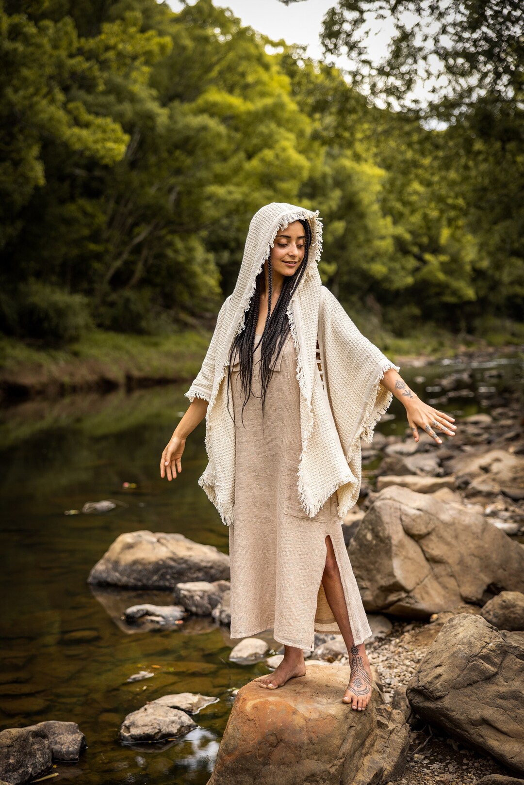 WIZARD Womens Hooded Kimono Vest Ivory Beige Tribal Ritual - Etsy