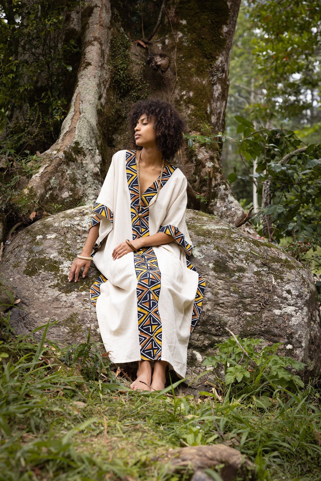 KAFATU Womens Beige Kaftan Dress Maxi African Tribal Patterns Handmade ...