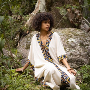 KAFATU Womens Beige Kaftan Dress Maxi African Tribal Patterns Handmade ...